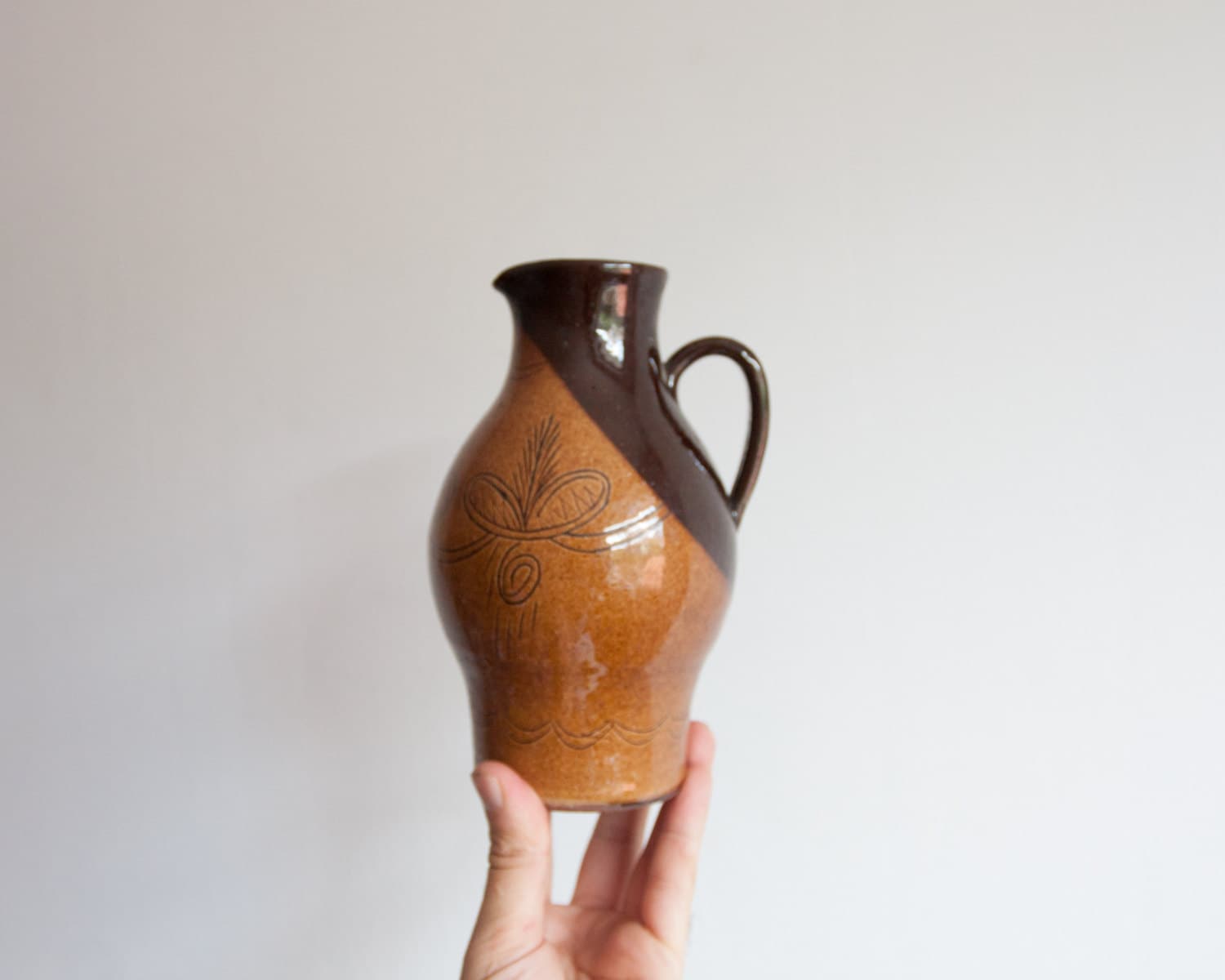 Vintage Ceramic Pitcher, Brown Pottery Jug, Flower Vase, Brown Ocher ...