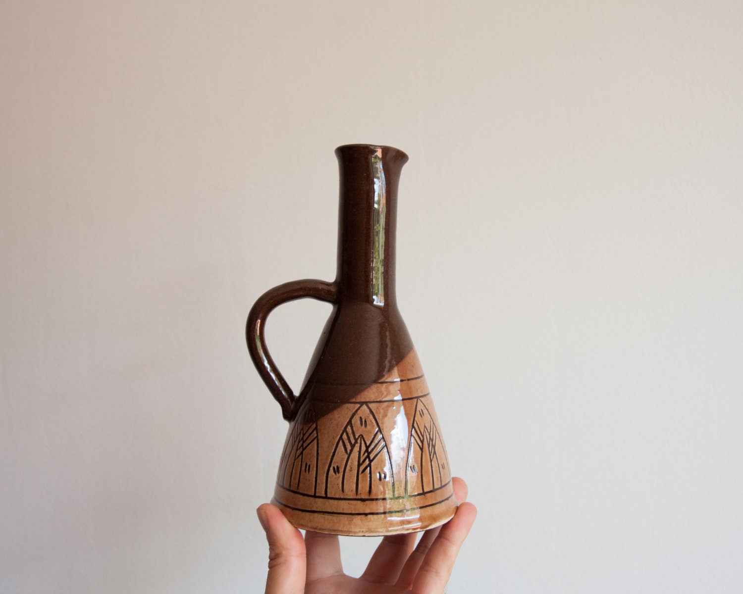 Brown Ceramic Pitcher, Vintage Pottery Jug, Flower Vase, Brown Ocher ...