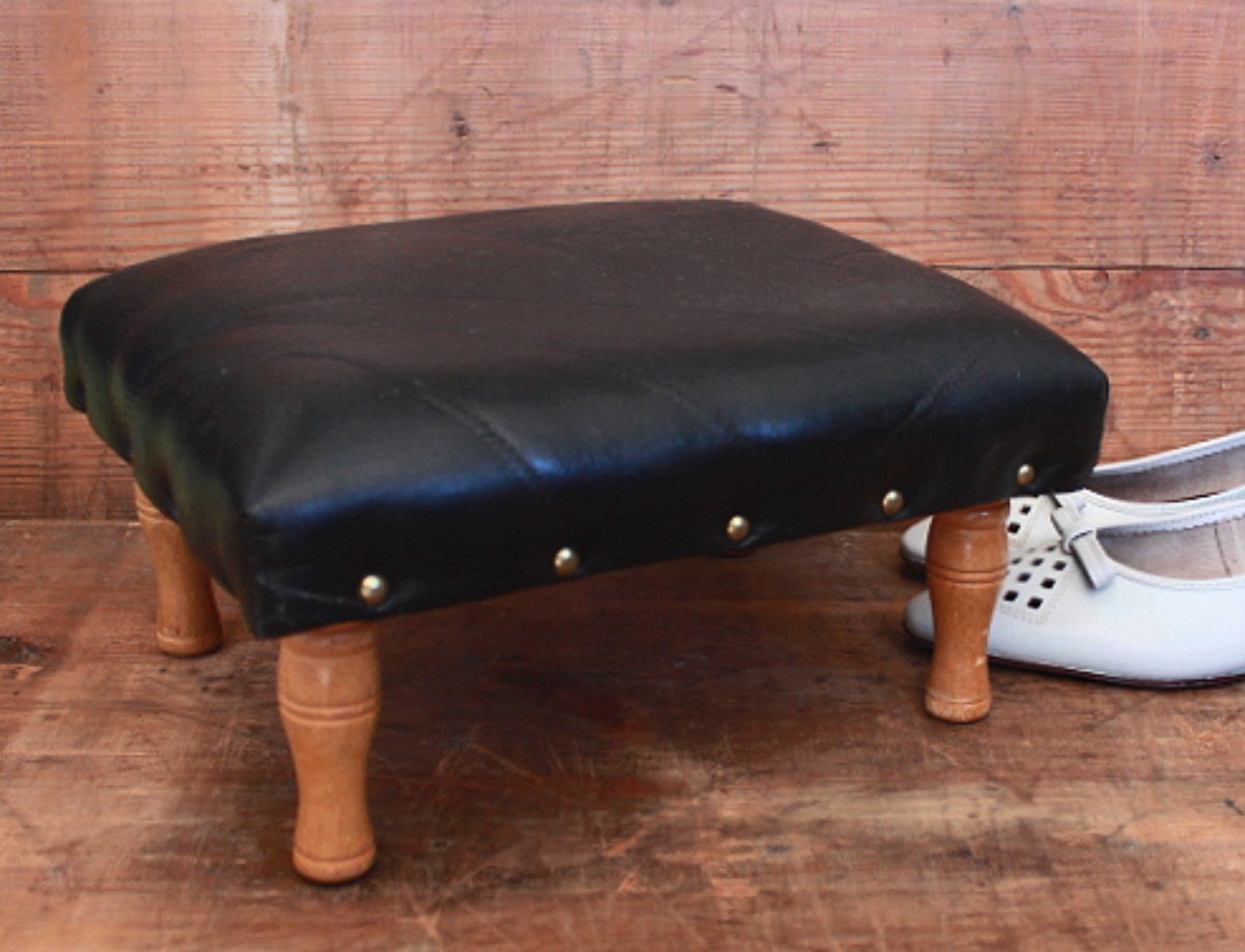 Vintage foot stool boho folk style bench leather wood 70s 80s black ...