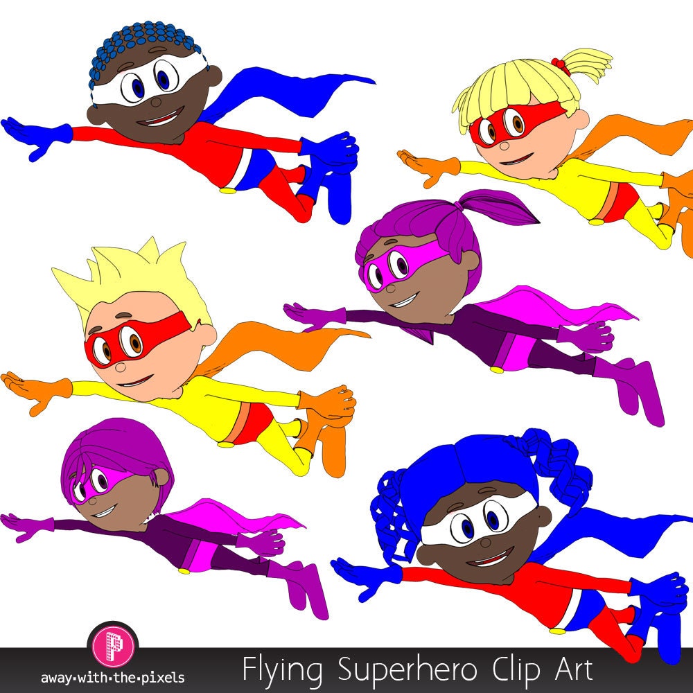 Six Flying Superhero Kids Clip Art Personal and Commercial Use