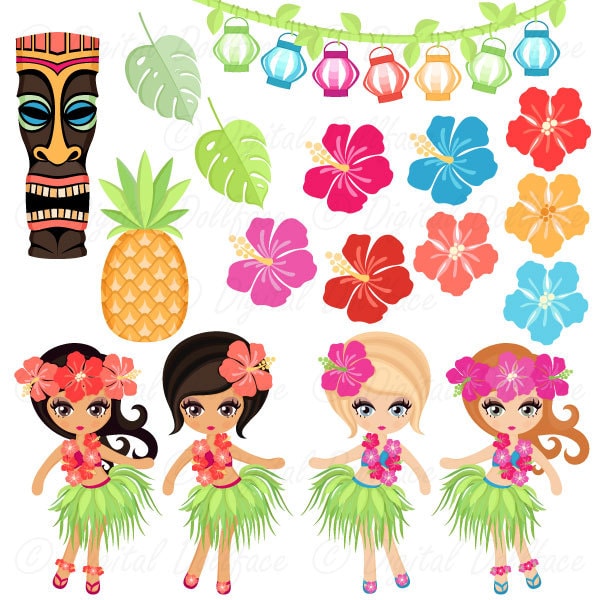 Hawaiian Luau Clipart / Hula Girl Hibiscus Tiki Clip Art