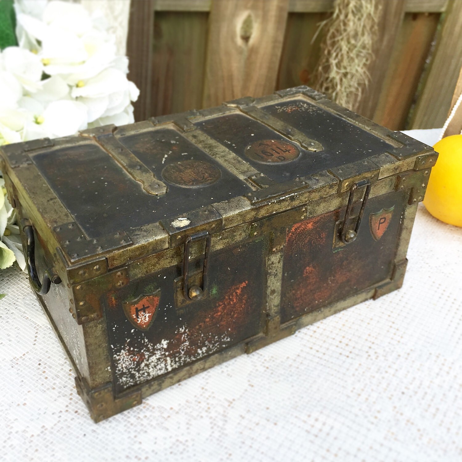 Rare Antique Iron Chest Tin Box, Huntley & Palmers, Steamer Trunk ...