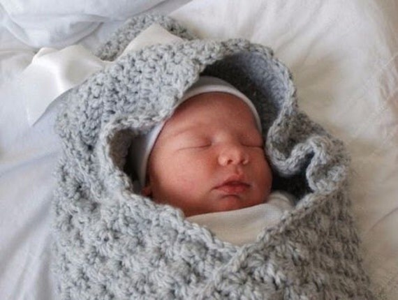 Crochet Gray Hooded Blanket Swaddle with or by VickersCrochet