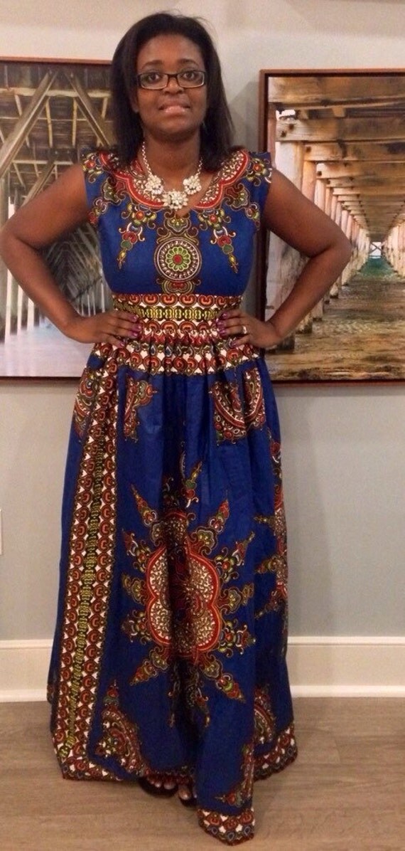 Blue African Dashiki Maxi Dress Us Size 8 10 By Msalabaafricanshop