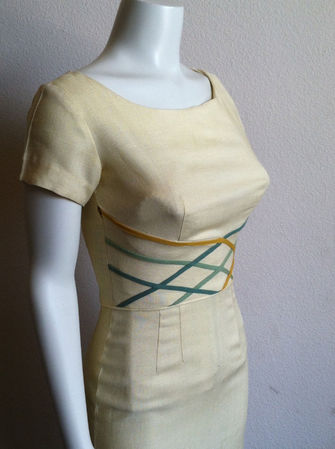 Vintage 50s Yellow Linen Tight Fitted Shelf Bust Wiggle Dress VLV Pin ...