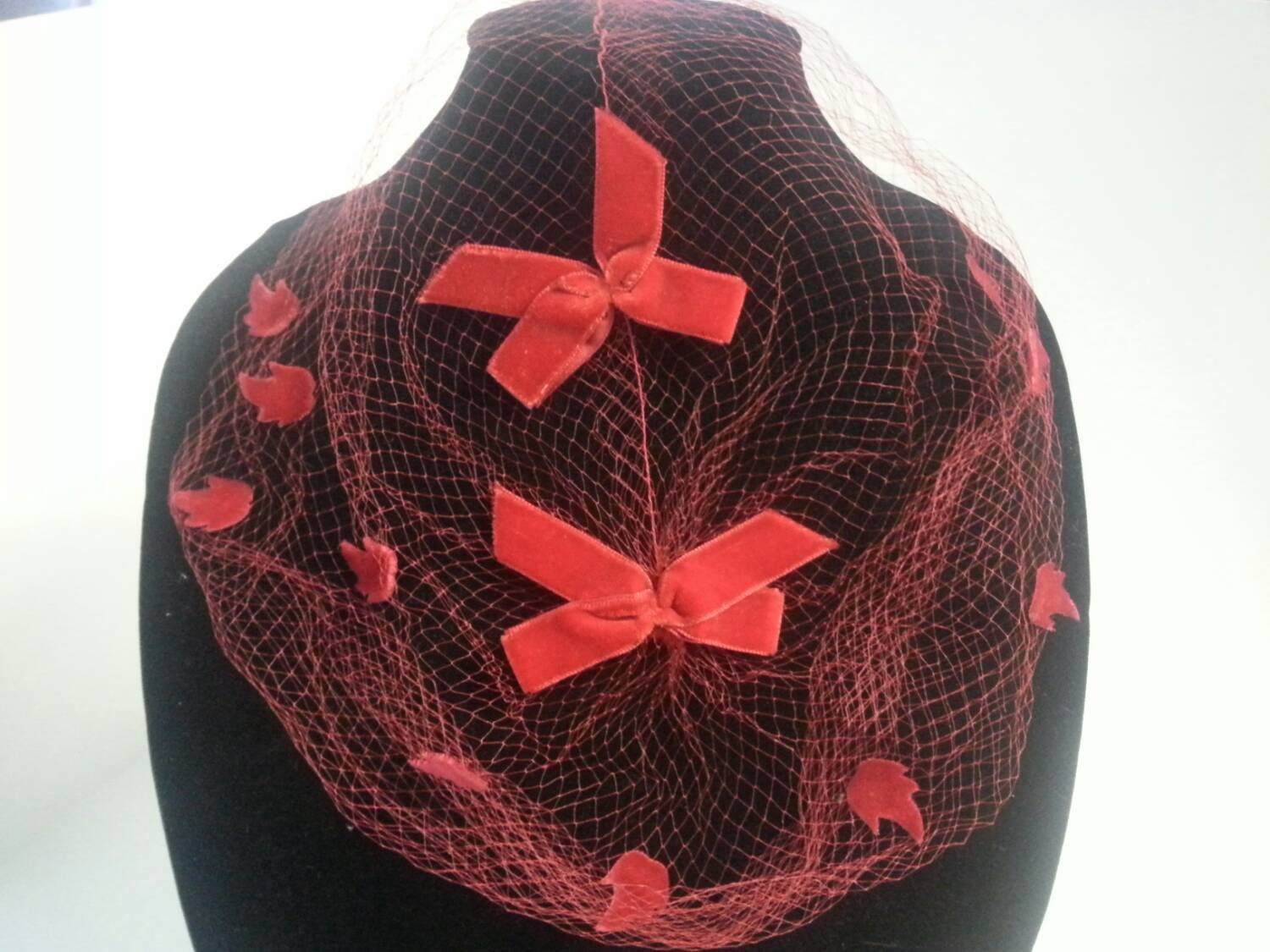 Vintage Cherry Red Netted Hat Veil Accented with Velvet Leaves and Bows ...
