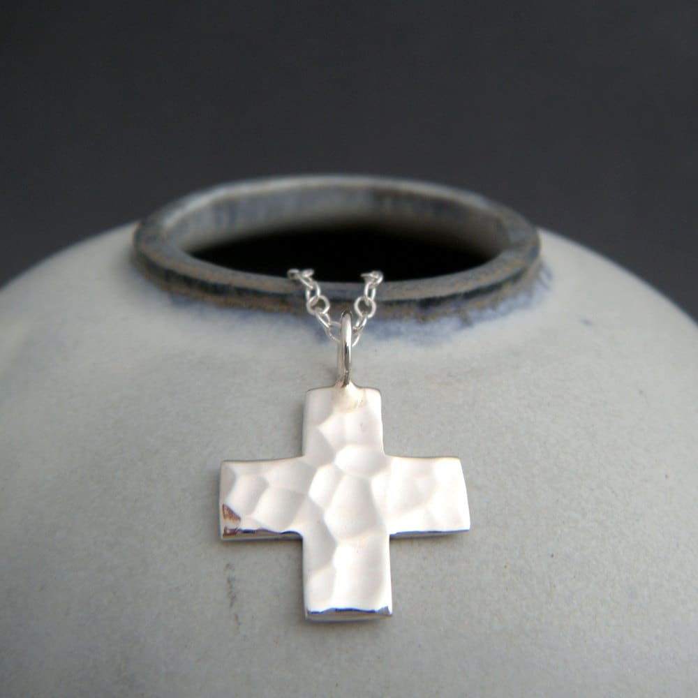 small silver square cross necklace. sterling silver. hammered
