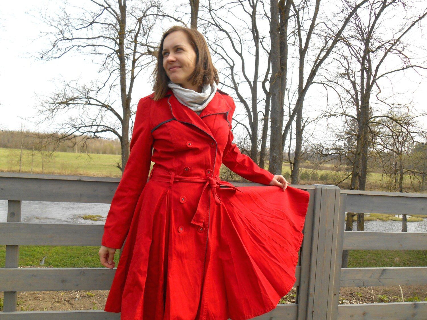 Vintage Trench Coat Red Half length spring coat Belted Trench Coat ...