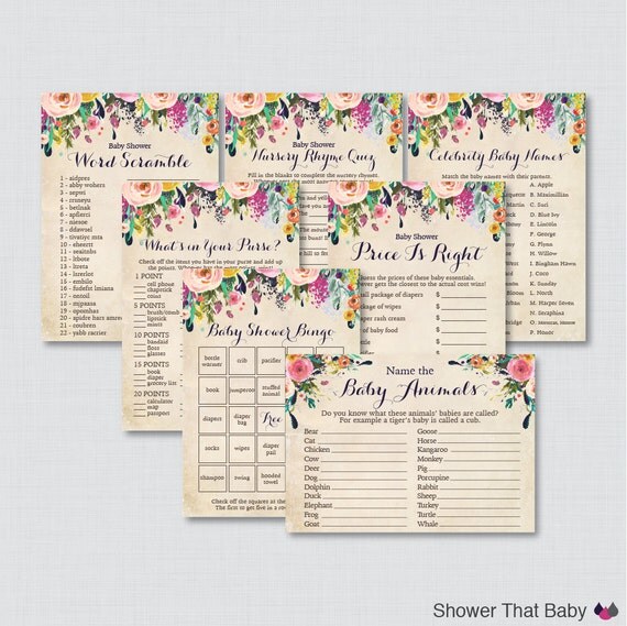 Floral Baby Shower Games Package Seven Printable Games:
