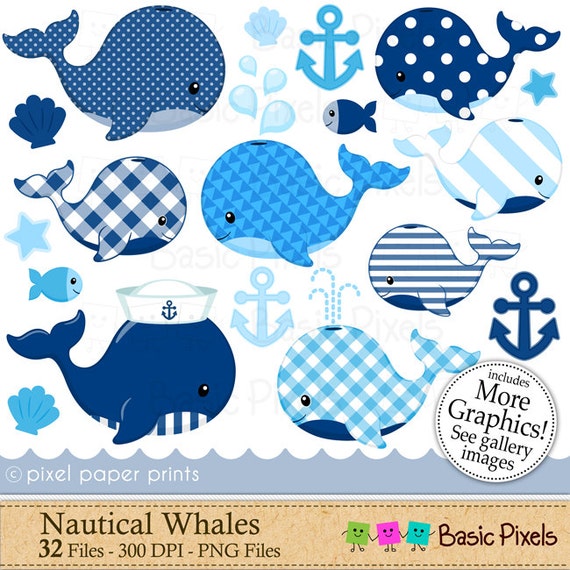 Nautical Whales clipart Digital Clip Art Personal and