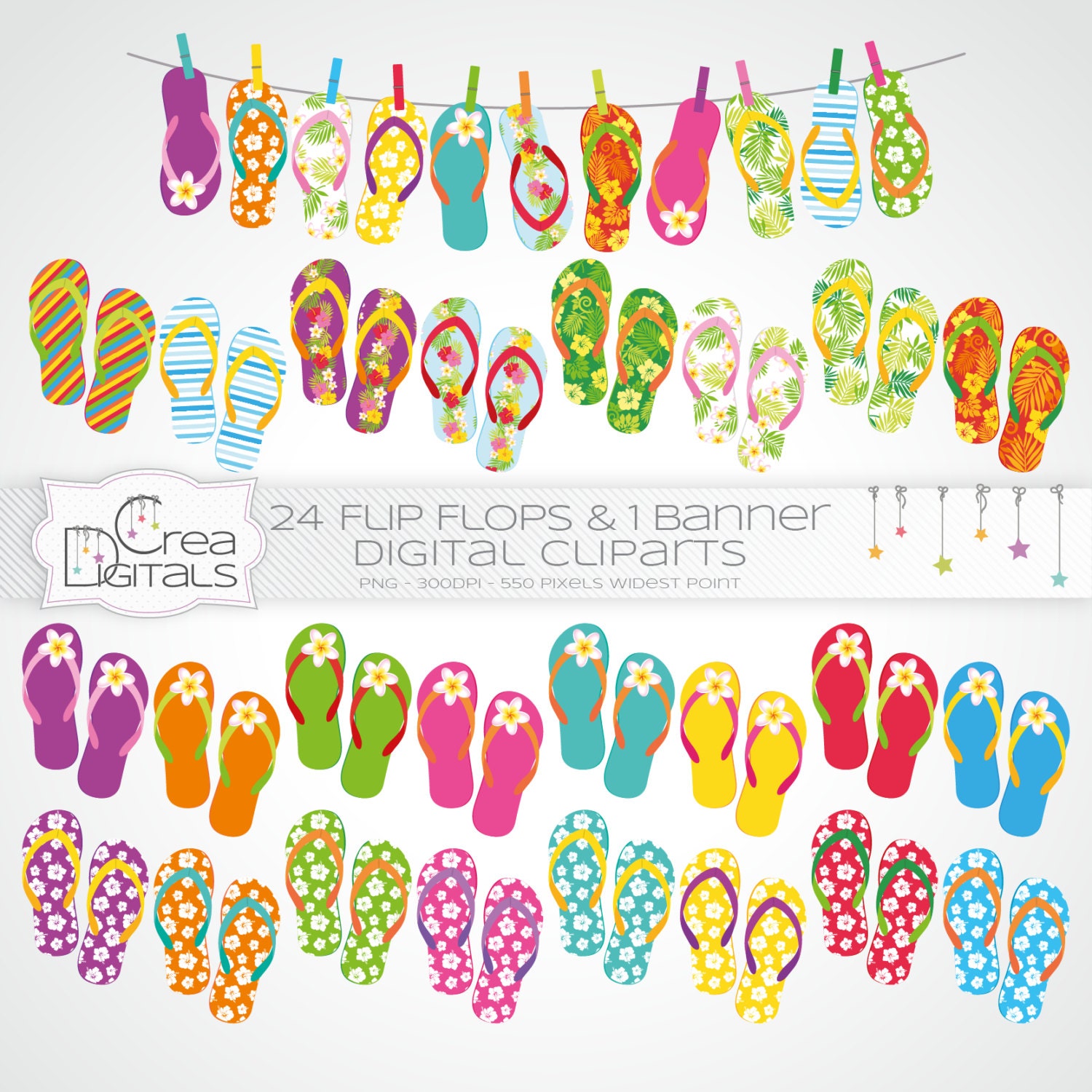 Summer Flip flops 24 cliparts and banner INSTANT DOWNLOAD
