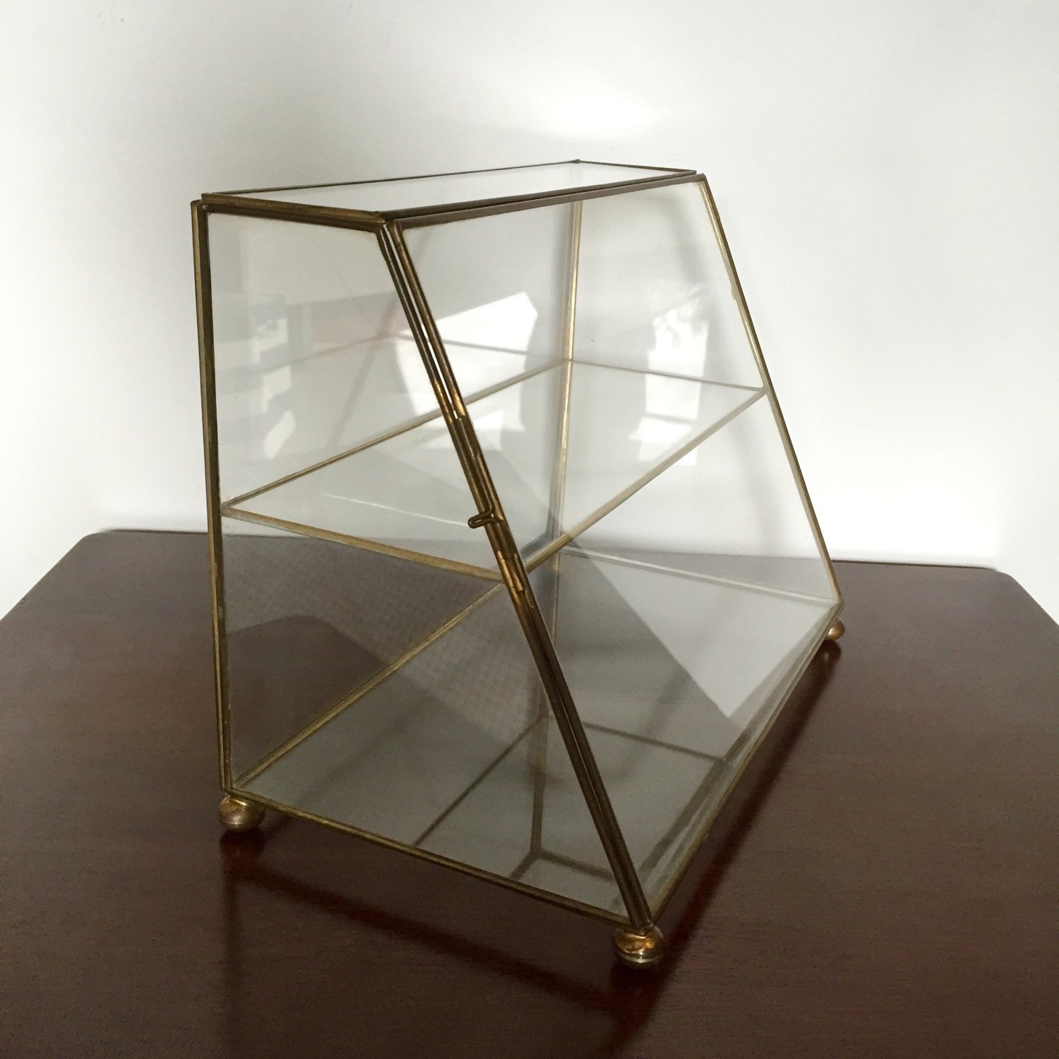 Antique Glass and Brass Trapezoidal Jewelry Box / Display Case with ...