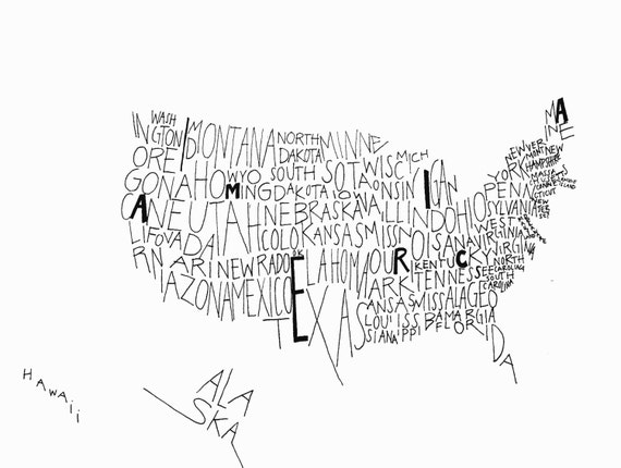 Items similar to America, Map of the United States, Ink Illustration on ...