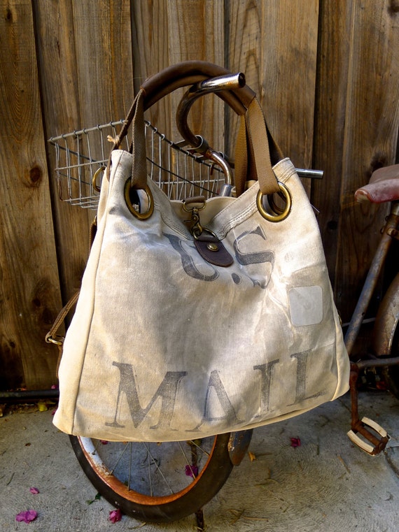 US Mail Bag Open Tote Americana OOAK Canvas & Leather