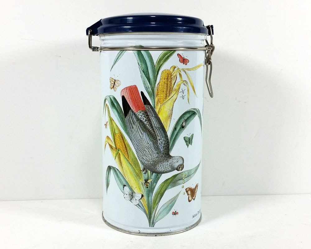 Vintage German Tin – White, Round with Exotic Birds, Buckled Lid ...