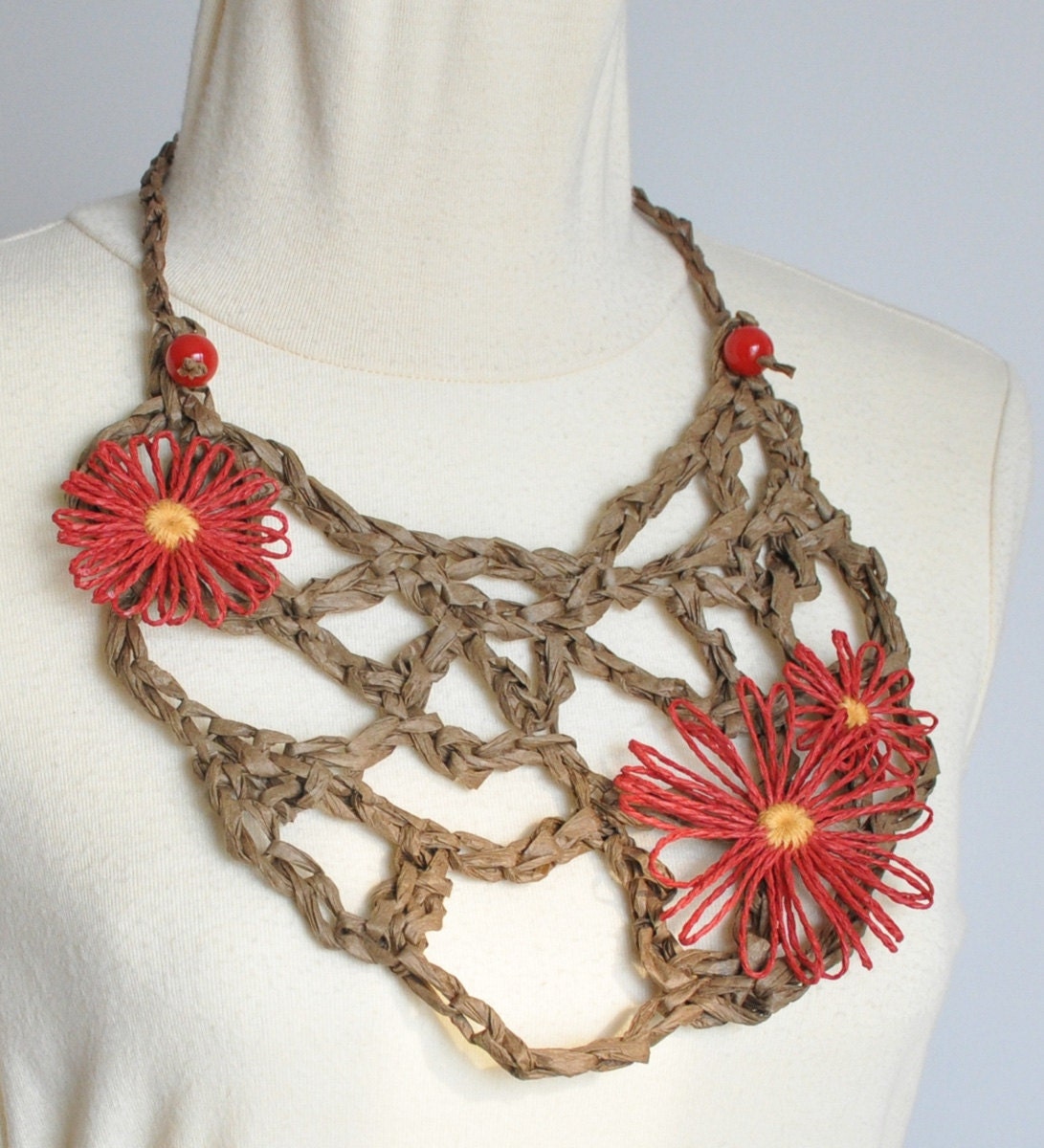 Daisy Bib Red and Brown Paper Raffia Loom Flower by jennysunny