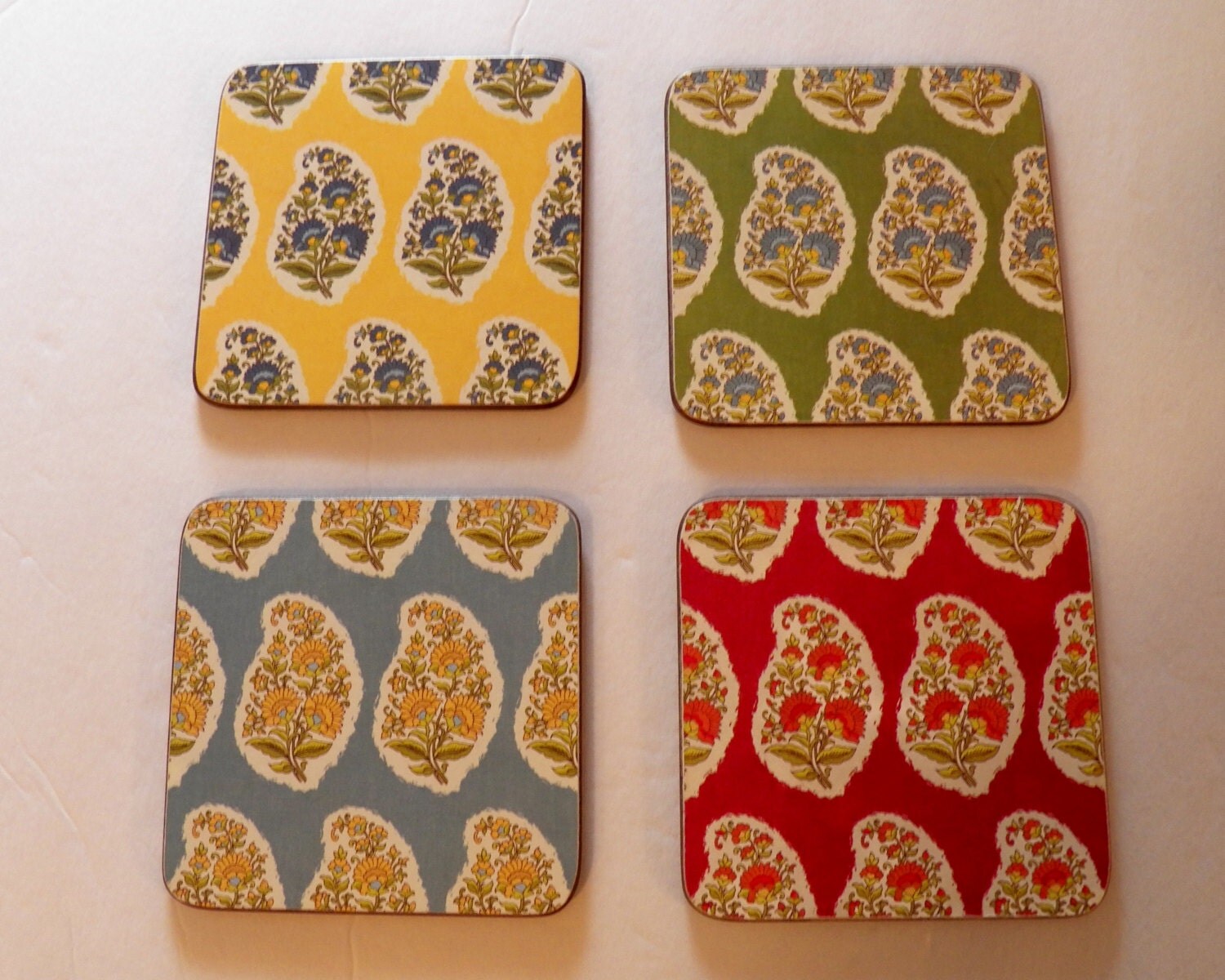 Vintage Paisley Flowers Coasters, Wood Cork Floral Coaster Set of Four ...