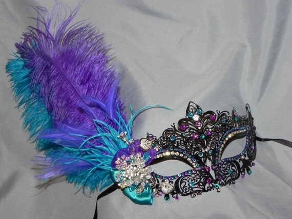 Black Purple Turquoise and Silver Metallic Masquerade Mask