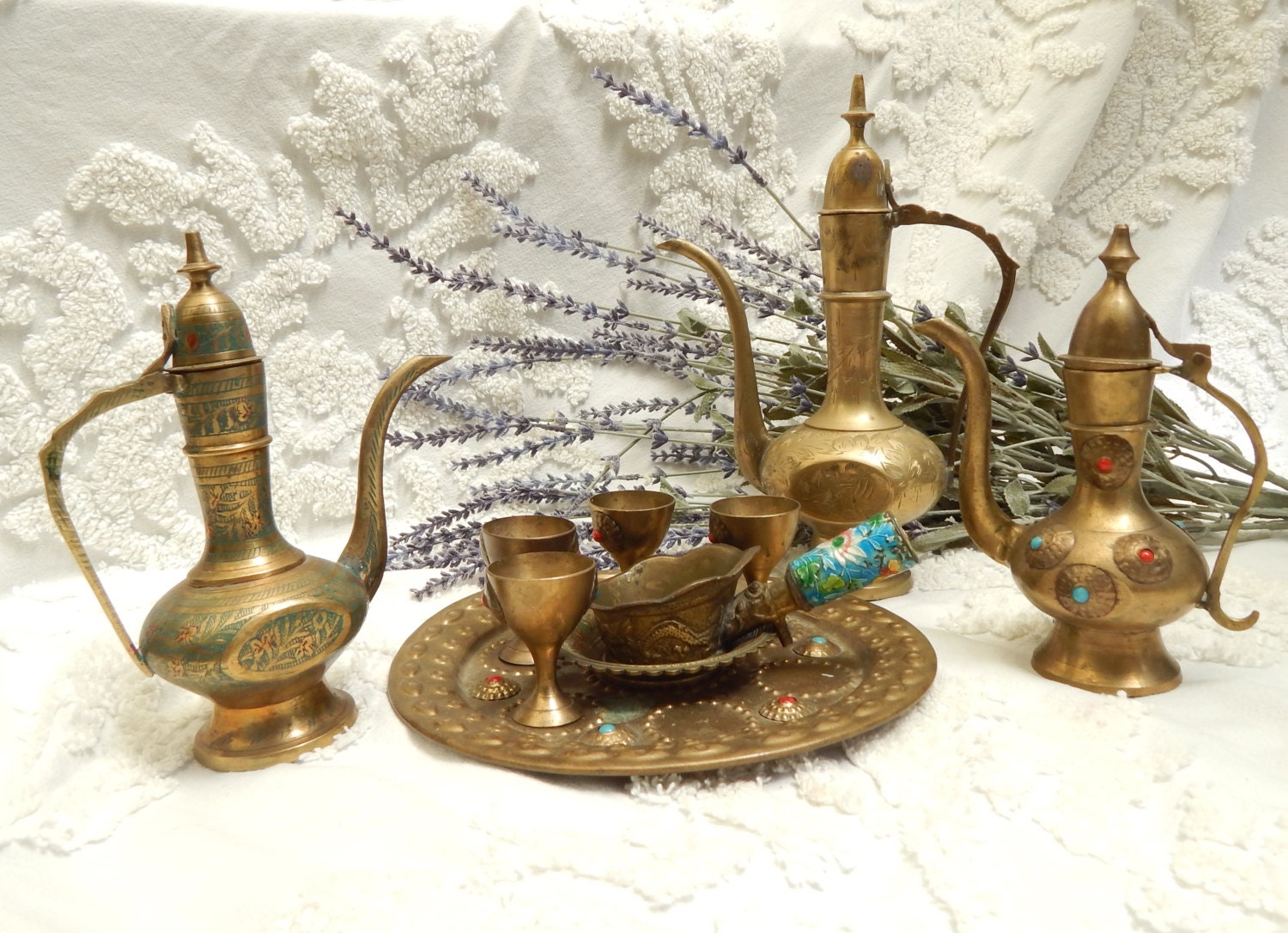 Very Bohemian Vintage Middle Eastern Morrocan Brass Tea Set w/Gemstones ...