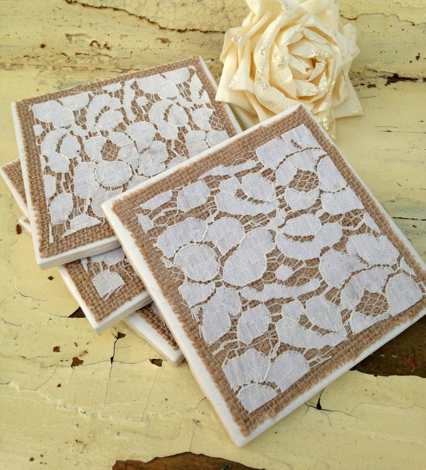 Lace Burlap Tile Coasters Set of 4 by BlueCottonCandy on Etsy