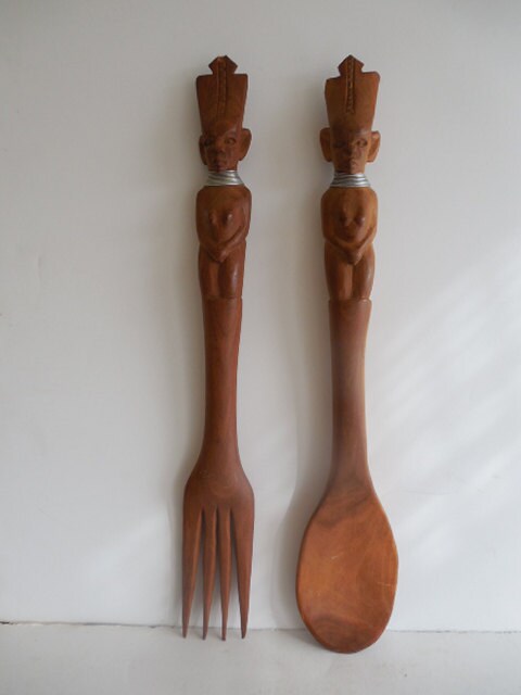 Vintage NE. Kenya Africa Hand Carved Mvule Wood Tribal Figural Fork and ...