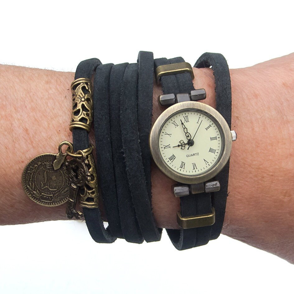 Women leather watch Wrap around watch Antique bronze wrist