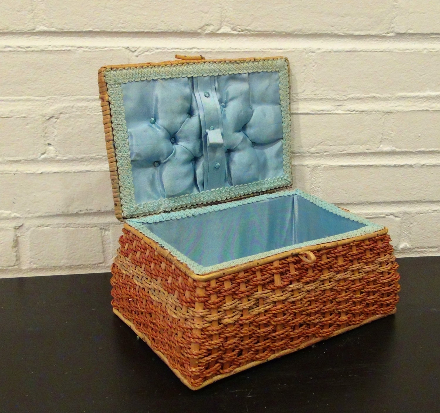 Antique Sewing Basket / Lidded Basket / Blue Satin Tufted Lining ...