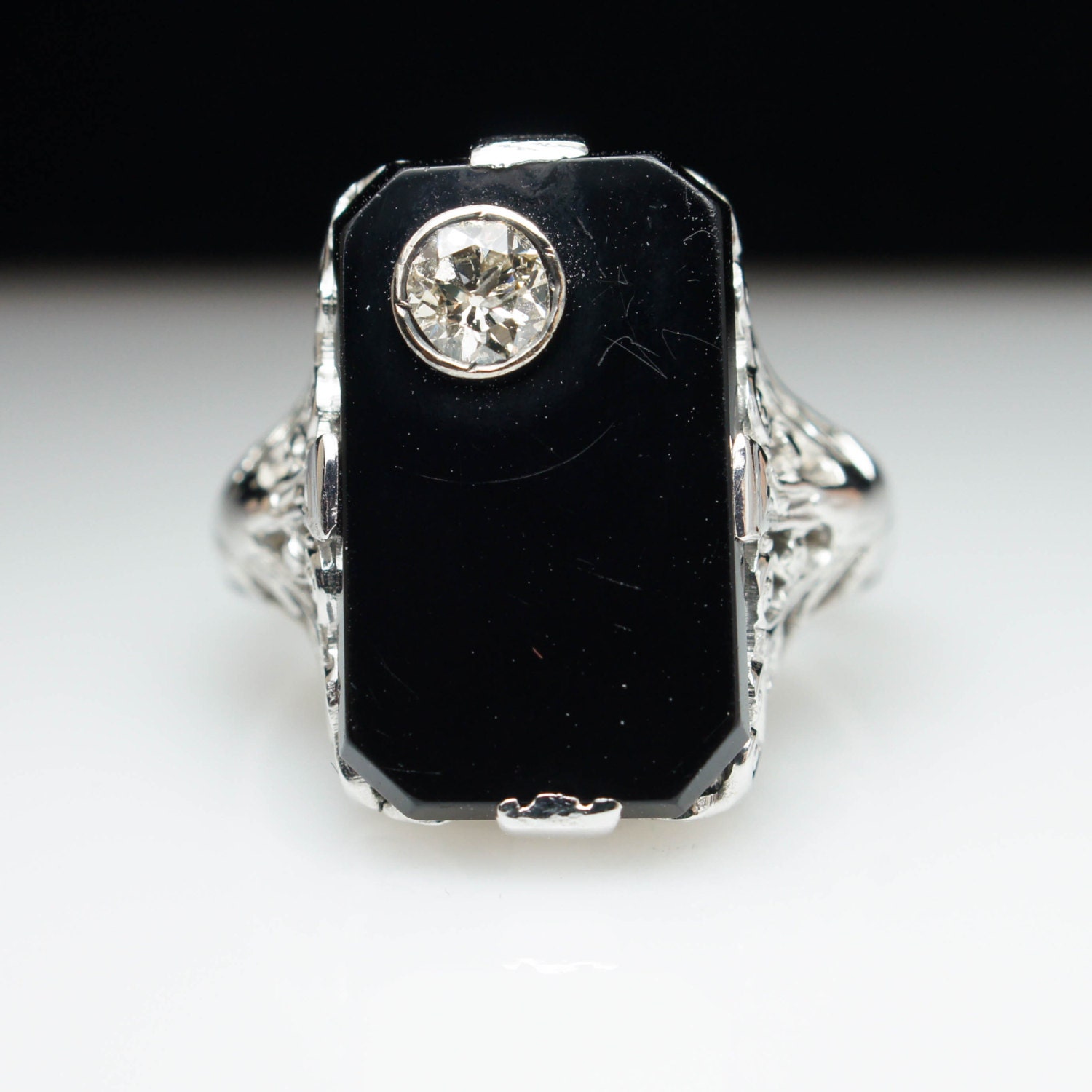 Vintage Antique Diamond & Onyx Ring – 18k White Gold Swiss Cut Diamond ...