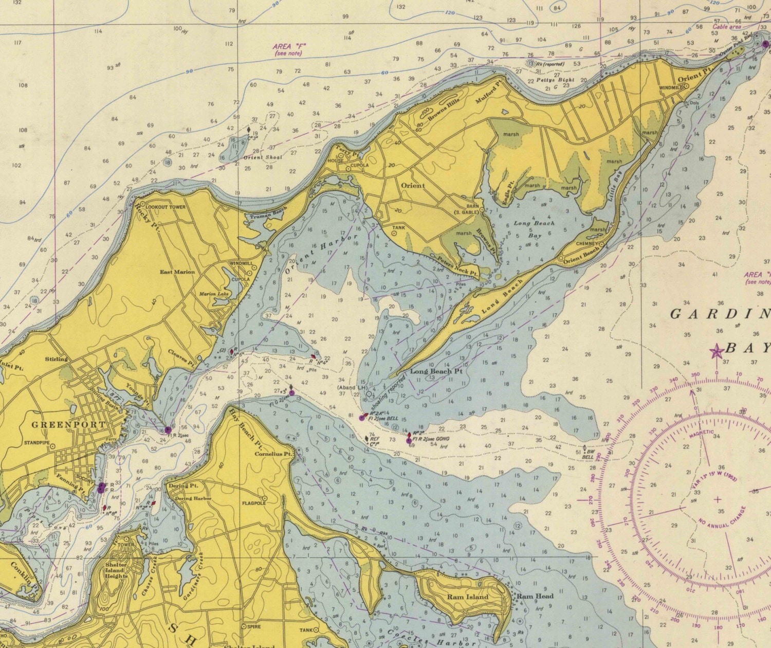 Shelter Island Sound & Peconic Bays NY 1952 Nautical Map