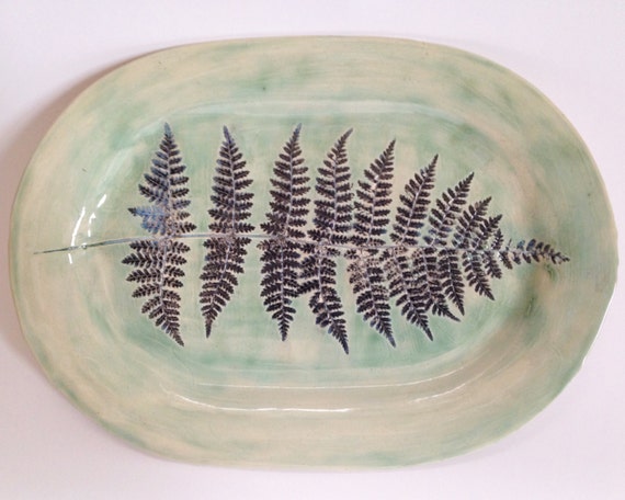Fern Leaf Pottery Serving Plate Botanical Print by redbarnpottery