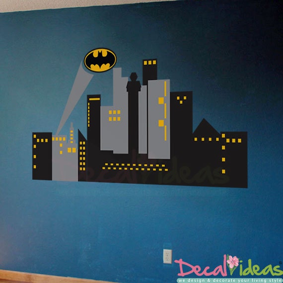 Batman Skyline City Buildings with Batman Emblem Vinyl Wall