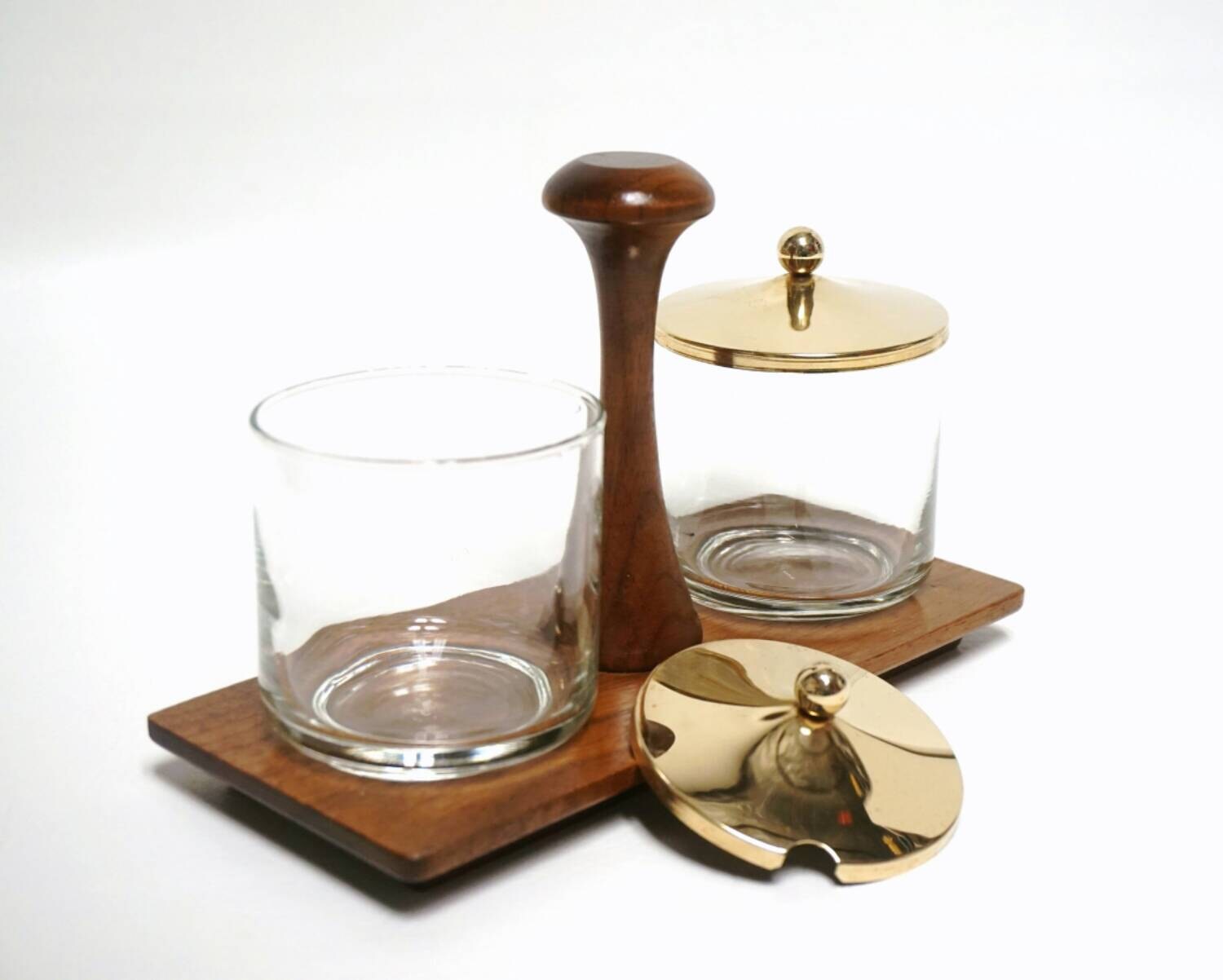 Vintage Condiment Serving Set – Libbey Glassware – Wooden Tray / Holder ...