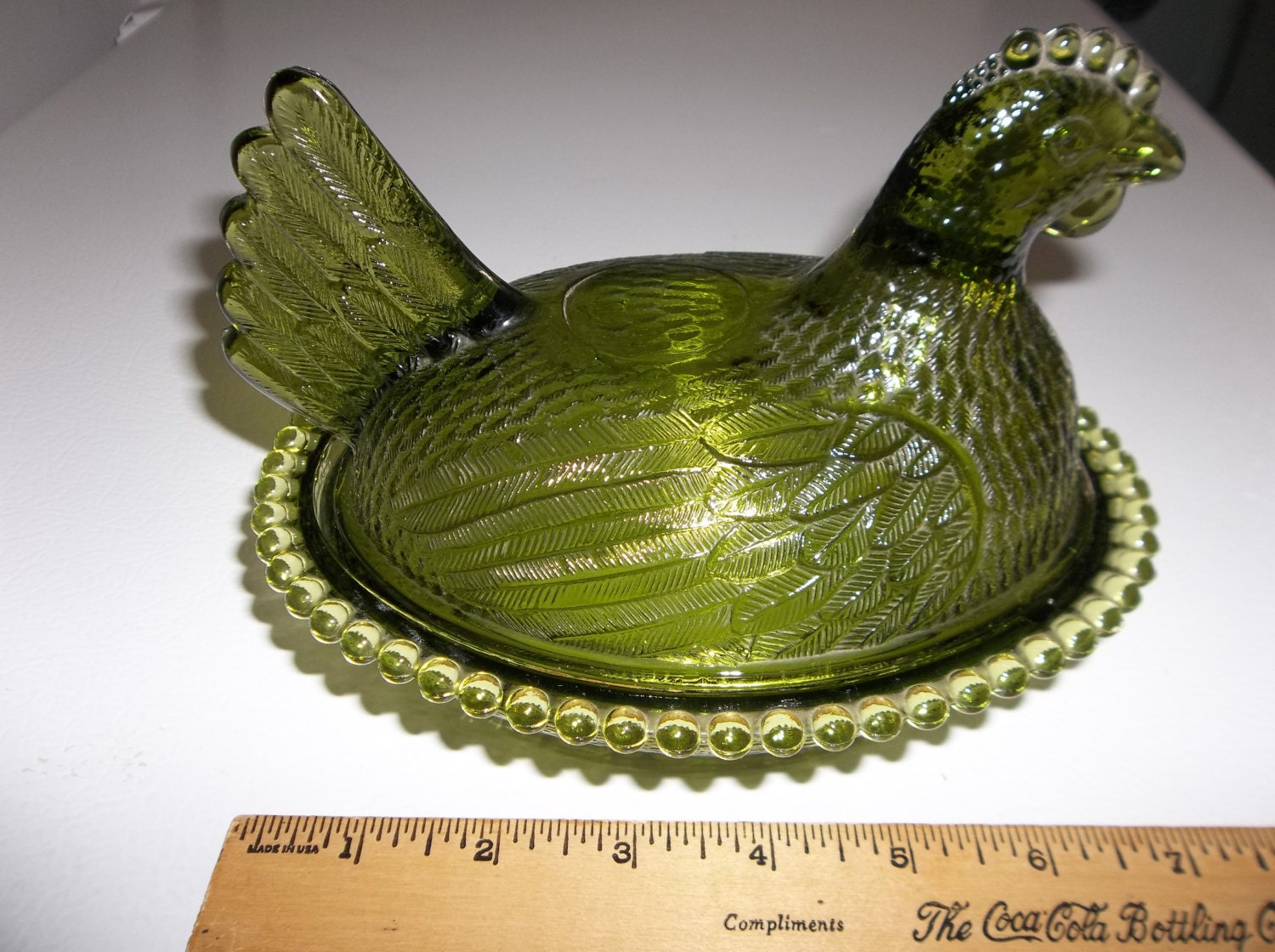 Vintage Indiana Glass Co. Olive Green Glass Glass Chicken Dish with Lid ...
