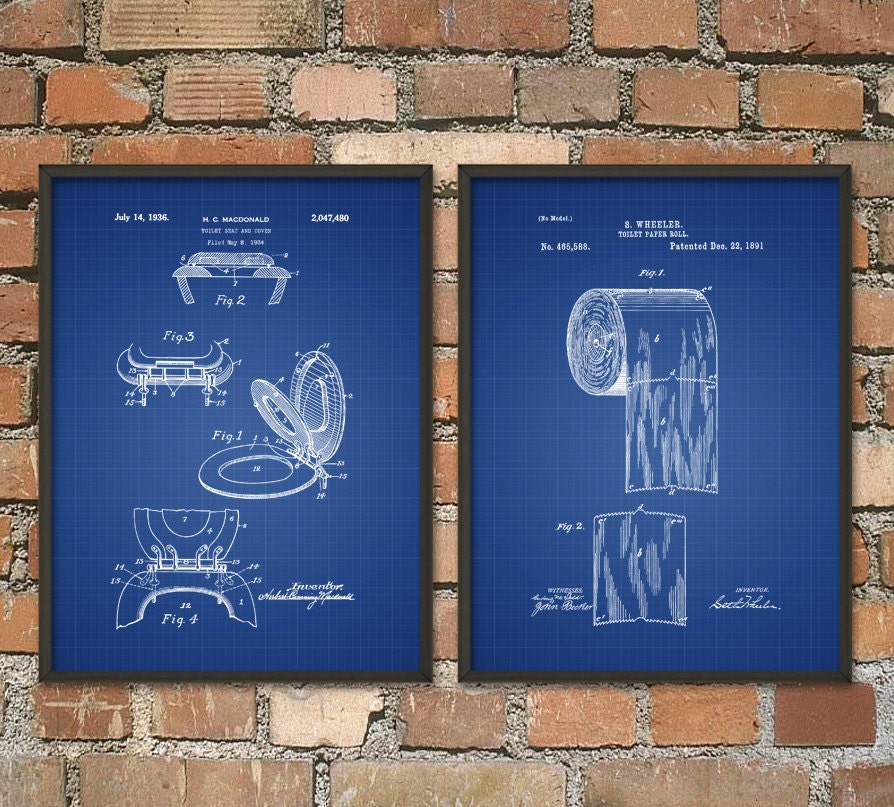 Toilet Roll Patents and Toilet Seat Patent Wall Art Poster Set