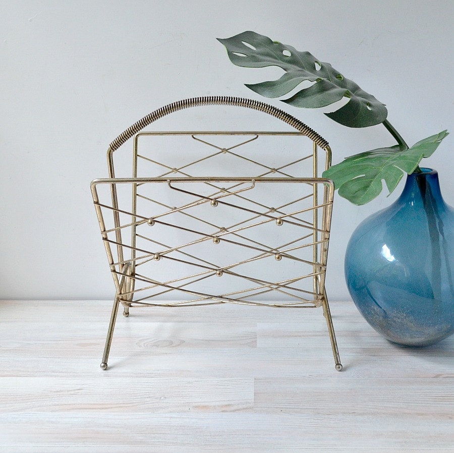 Mid Century wire magazine rack; gold tone atomic magazine holder ...