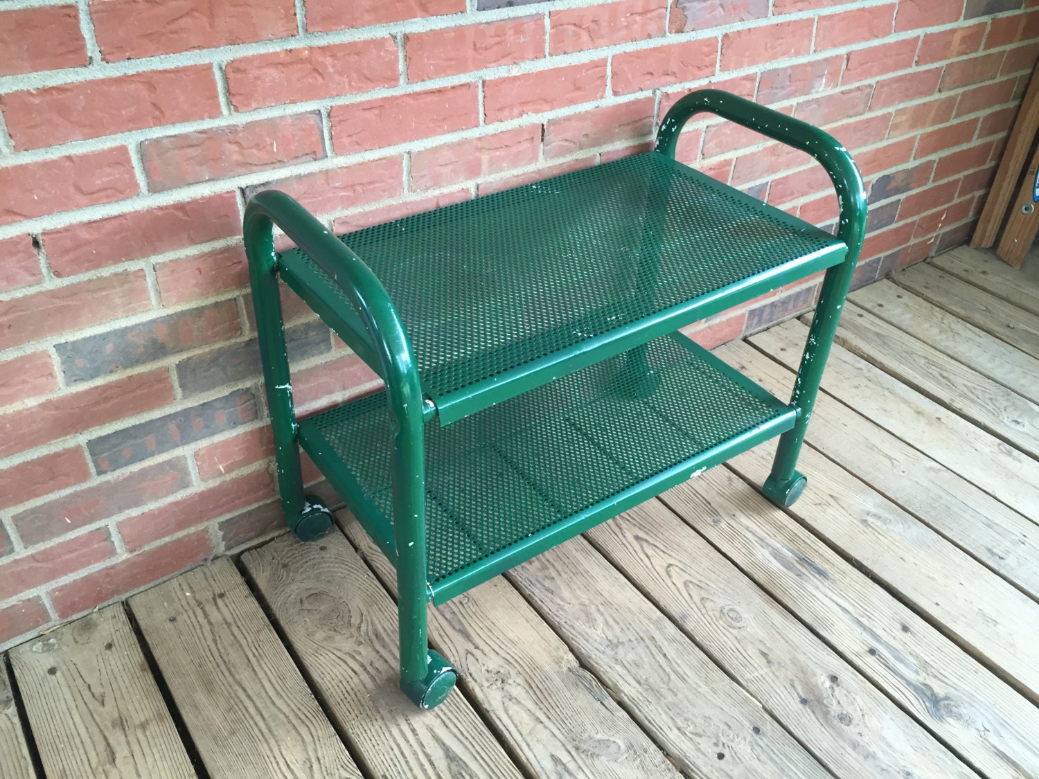 Vintage Rolling Metal Cart Two Tiers Green Chippy Paint Childrens Room ...