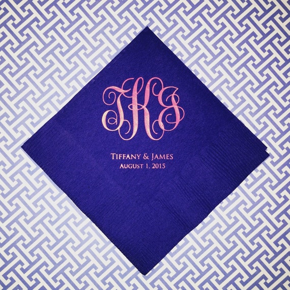 monogram cocktail napkins, reception napkins, wedding napkins