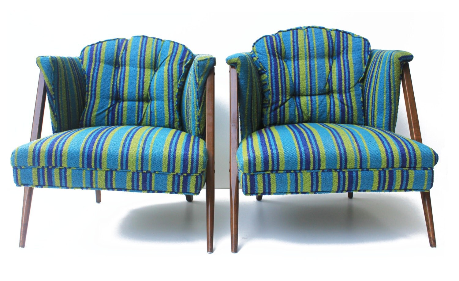 Pair of Exceptional Mid Century Angled Lounge Chairs- Original Striped ...