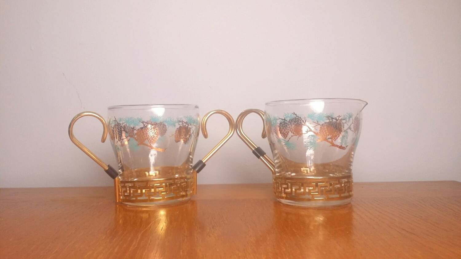 Vintage David Douglas Pinecone Libbey Glass Cream and Sugar Set Gold ...