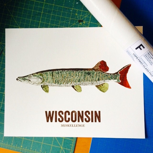 Wisconsin State Fish Map art Nature Outdoor art by WoodenPencilCo