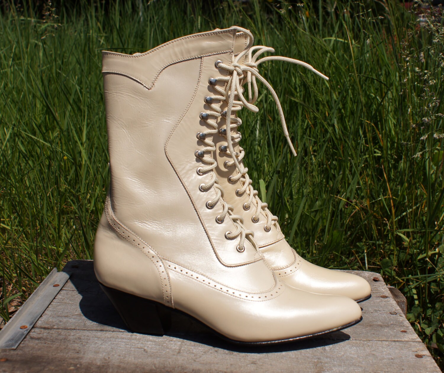 Oak Tree Farms Ivory Kid Leather Bridal Western Boots