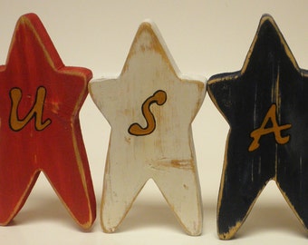 Items similar to Handcrafted Rustic Red White And Blue Wood Stars- 3 ...