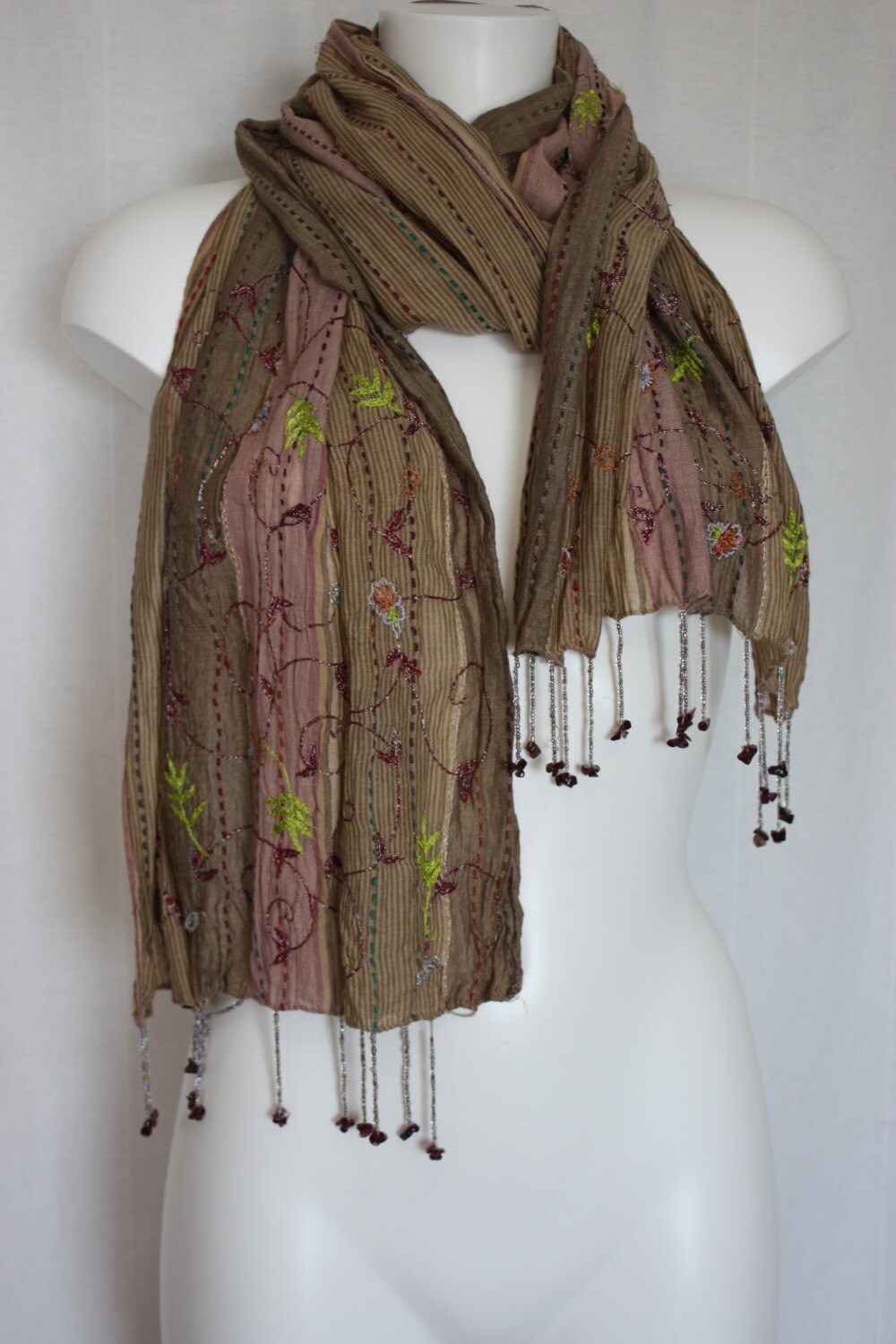70s long scarf embroidered fringed with glass beads and amethyst ochre ...