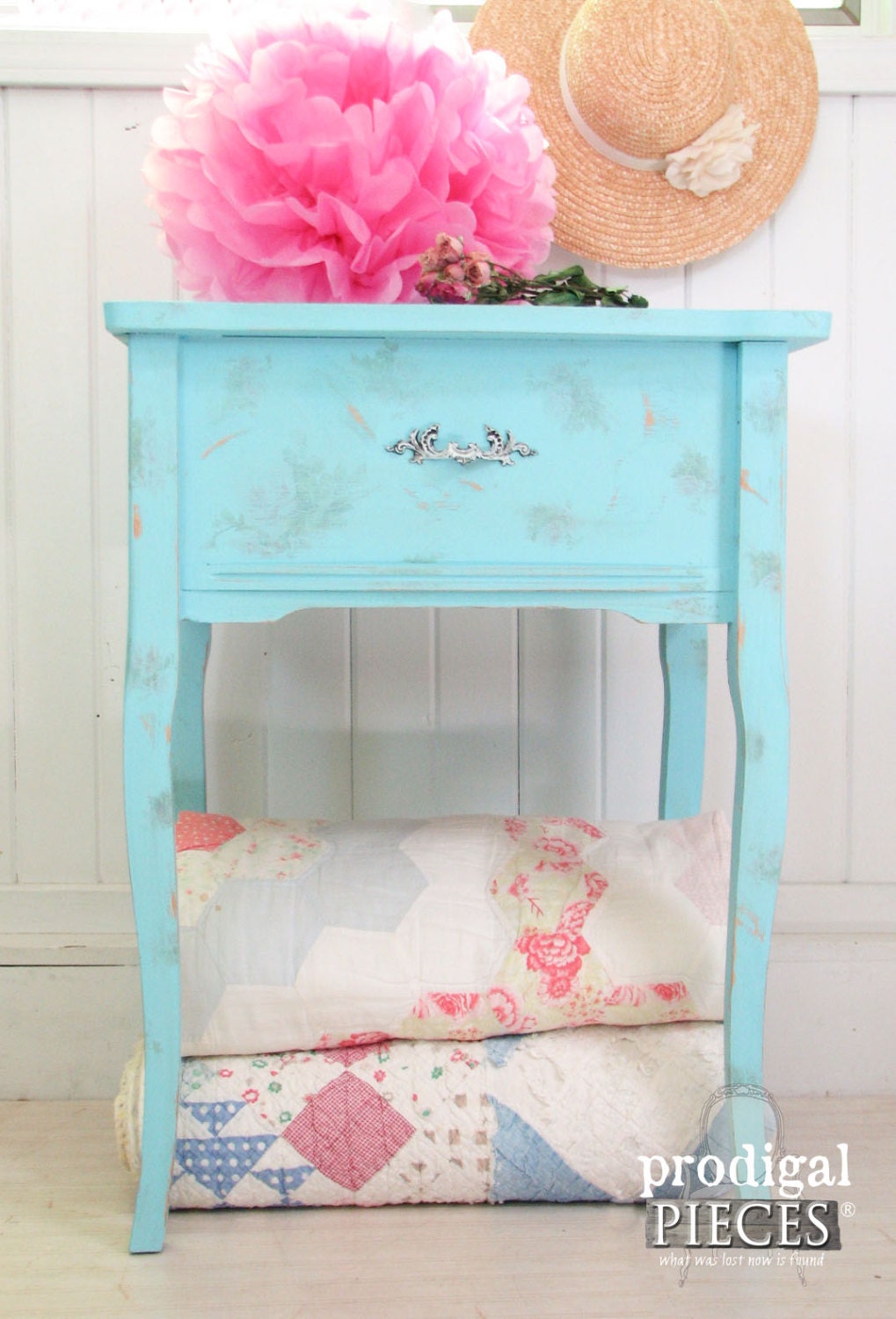 Vintage Aqua Blue Repurposed Entry Side Table with Rose Graphics ...
