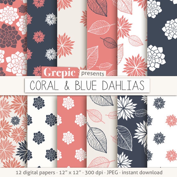 Dahlias digital paper: “CORAL & BLUE DAHLIAS” clip art coral floral ...