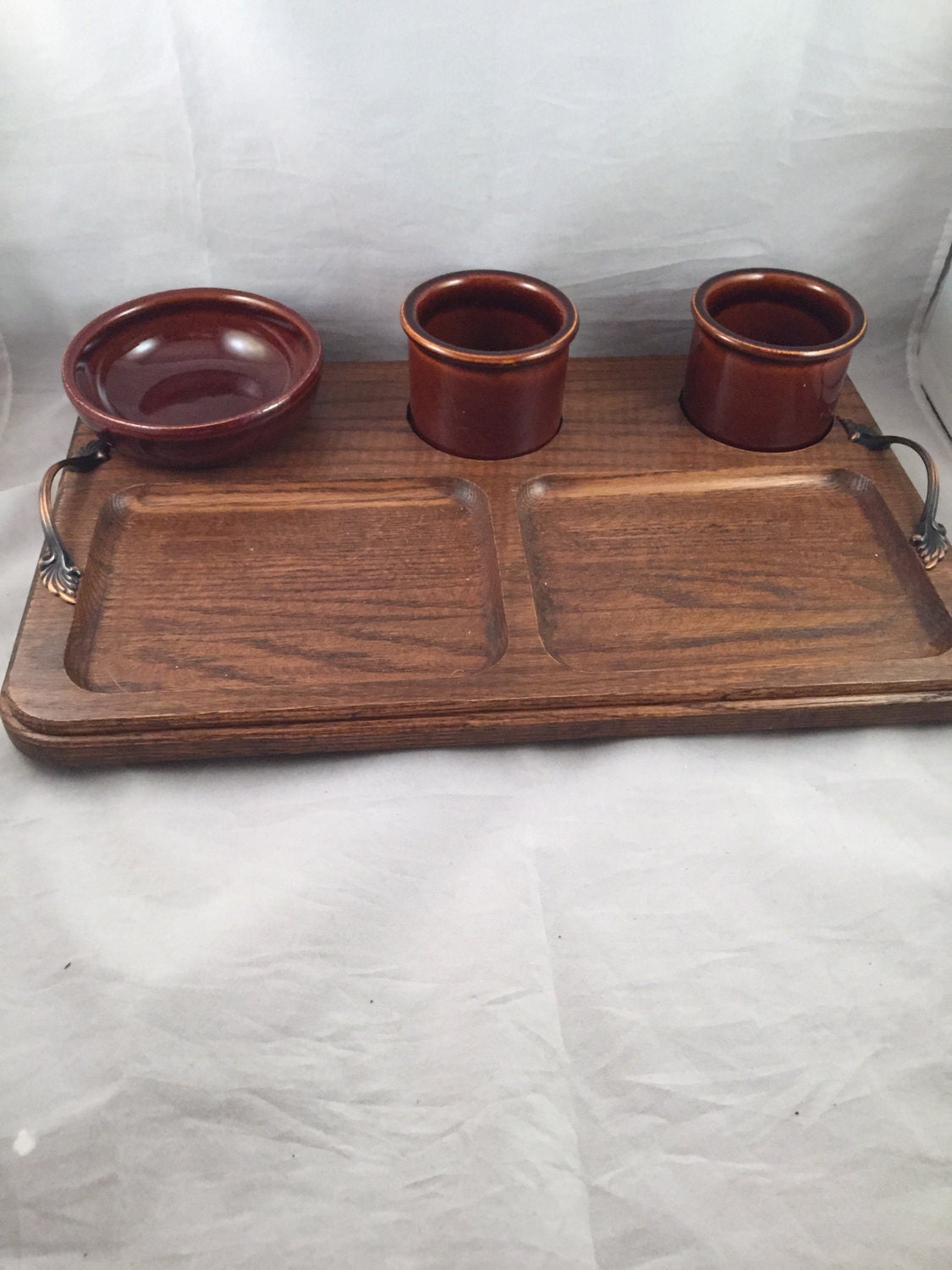 Wood Serving Tray With 3 Brown Stoneware Condiment Dishes – Haute Juice