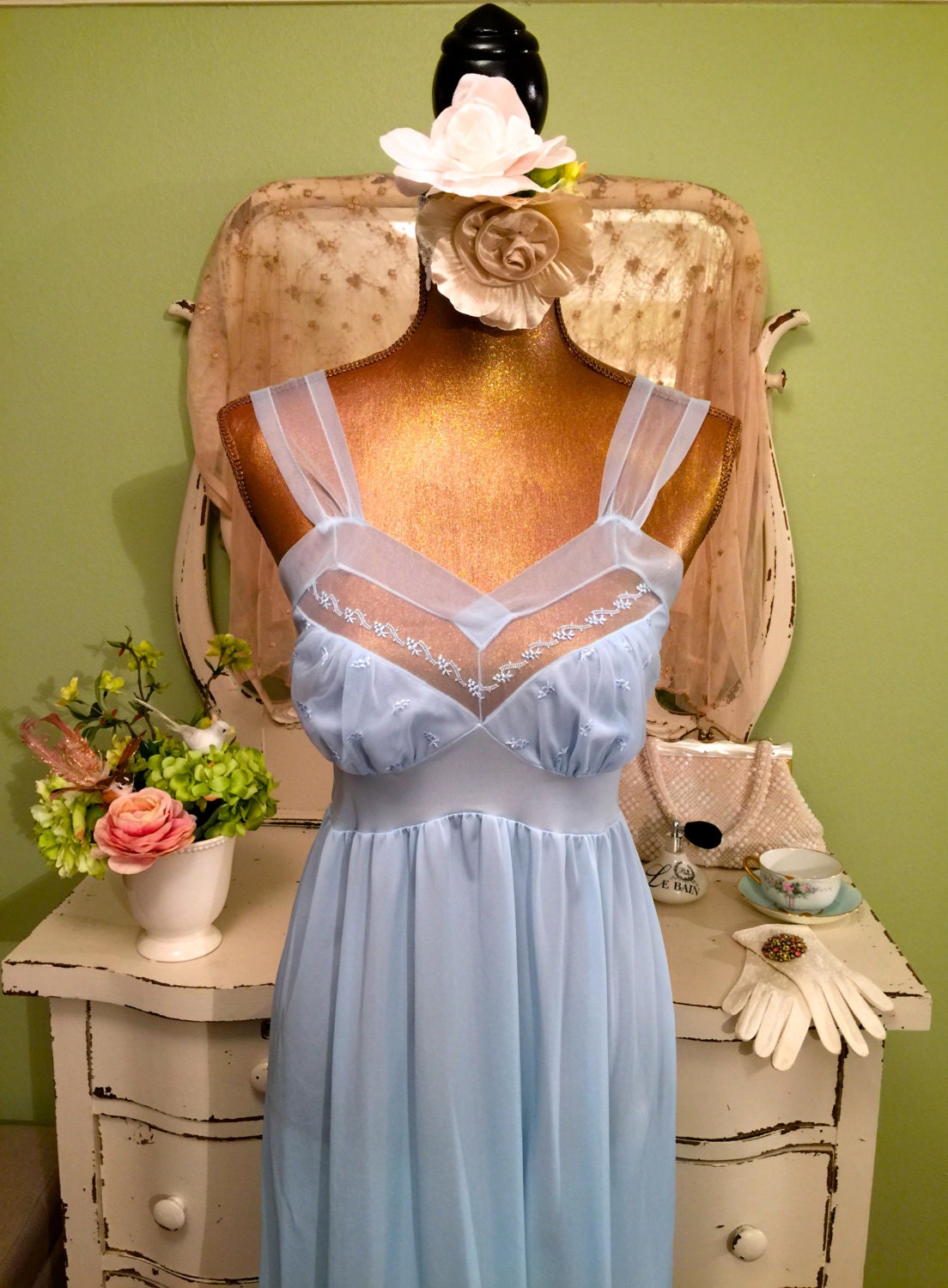 50s Sheer Blue Nightie 1950s Nightgown Vintage Nightdress