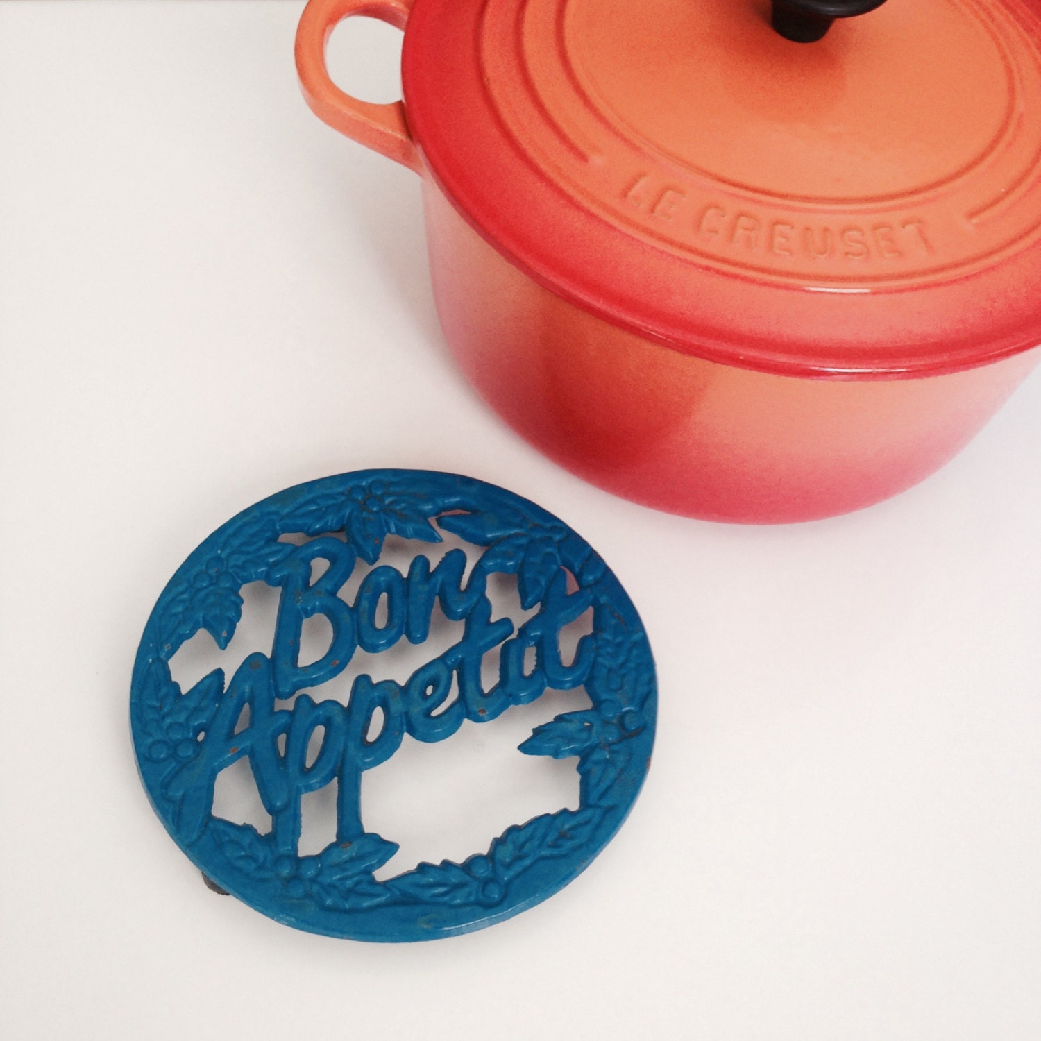 SALE: French Vintage Round Enamel Blue “Bon Appetit” Cast Iron Trivet ...