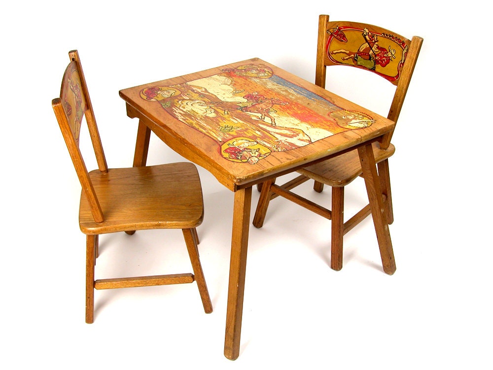 Vintage Children’s Cowboy theme Table and 2 chairs. – Haute Juice