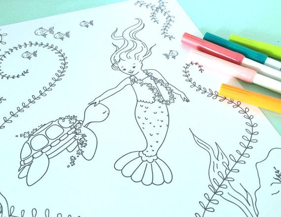 Printable MERMAID & SEA TURTLE Coloring Page Digital File